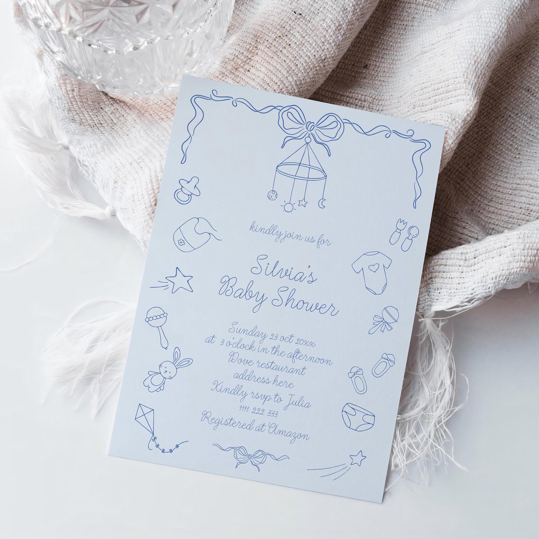 Hand Drawn Baby Shower Invitation, Handwritten Invite, Blue Bow Party # ...
