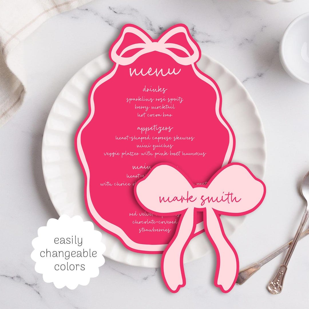 Bow Menu Template, Wedding Name Card, Ribbon Table Card, Fancy Bridal ...