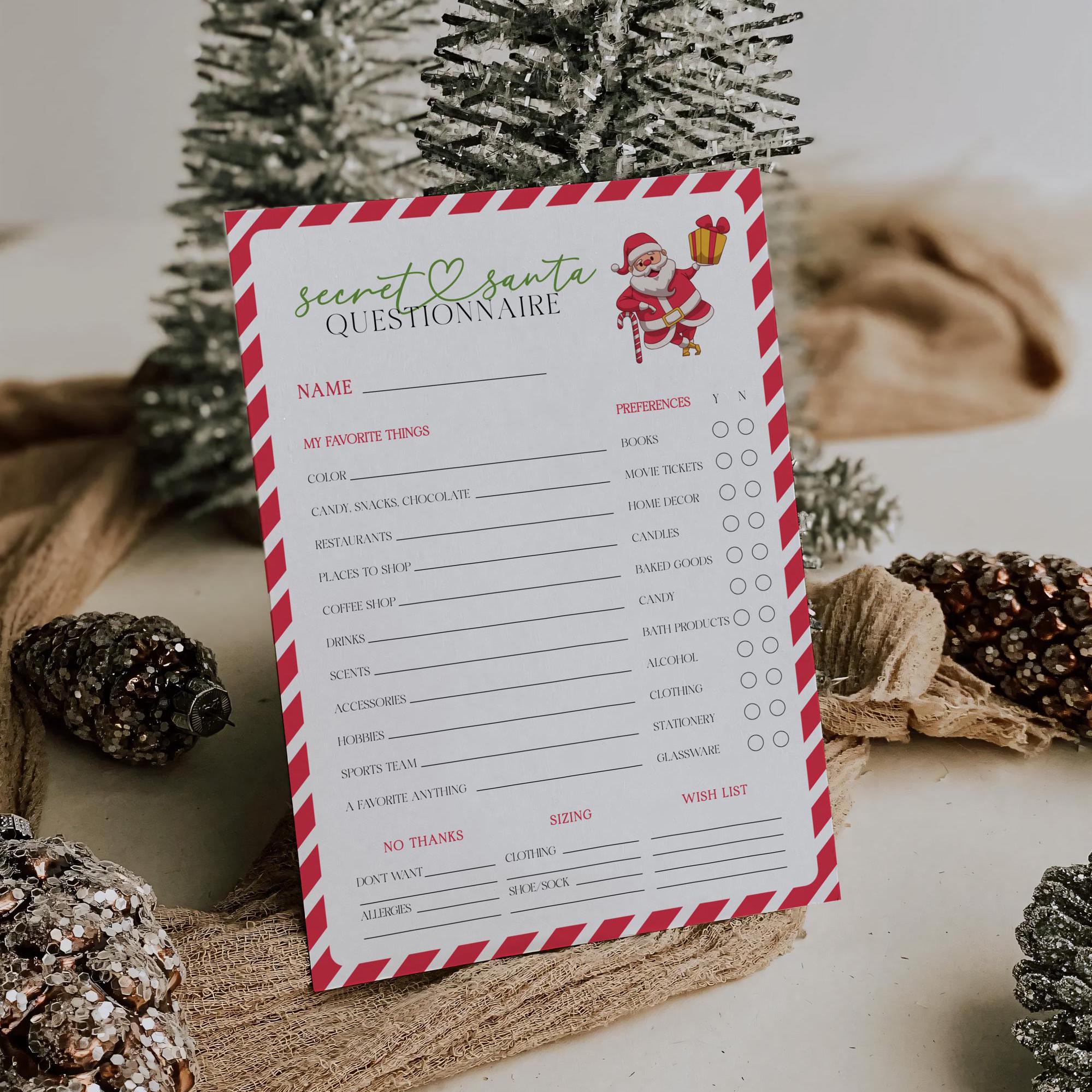Secret Santa Questionnaire, Gift Exchange Form for Work & Home, Company ...