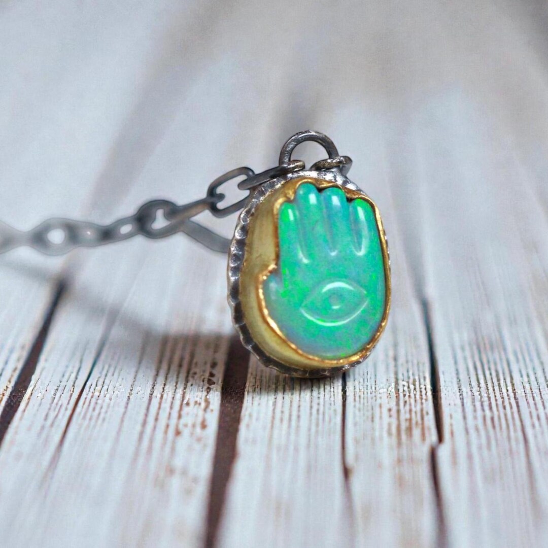 Boulder Opal Hamsa Necklace, 18k Gold & Sterling Silver Evil Eye ...