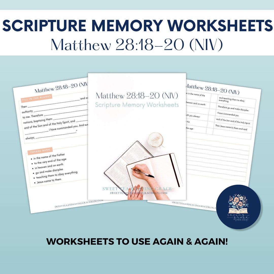 NIV Scripture Memory Worksheets Matthew 28:18-20 Bible Study Tools ...