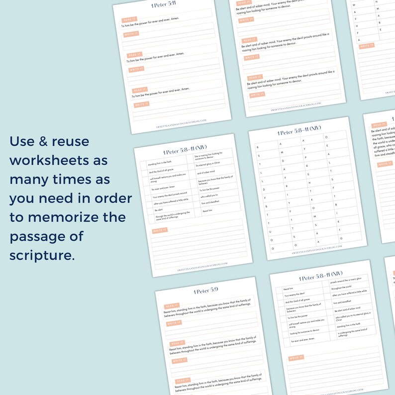 NIV Scripture Memory Worksheets 1 Peter 5:8-11 Bible Study Tools Bible ...
