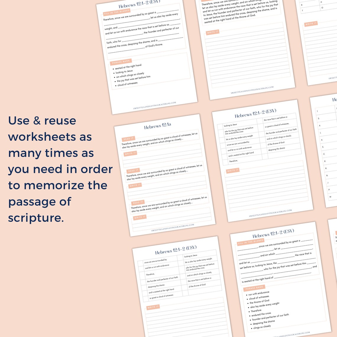 ESV Scripture Memory Worksheets Hebrews 12:1-2 Bible Study Tools Bible ...