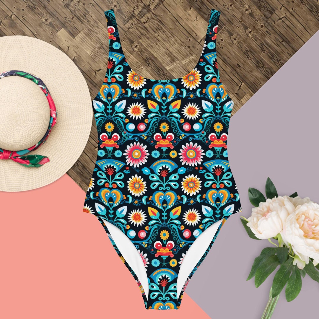 Floral One-piece Swimsuit, Cheeky Womens Bathing Suit With Folk Art ...