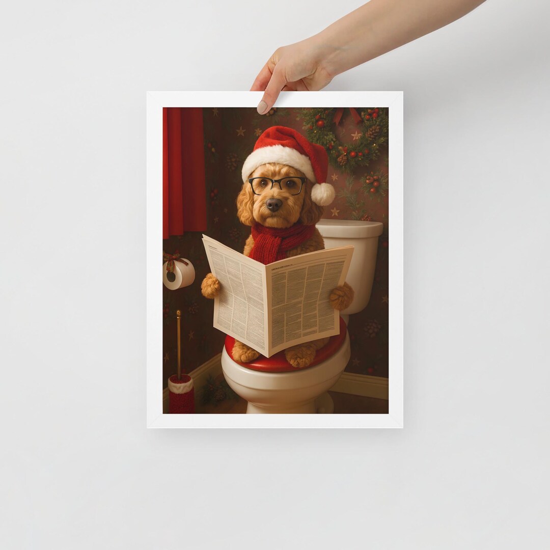 Funny Christmas Cockapoo on Toilet – Festive Dog Bathroom Framed Poster ...