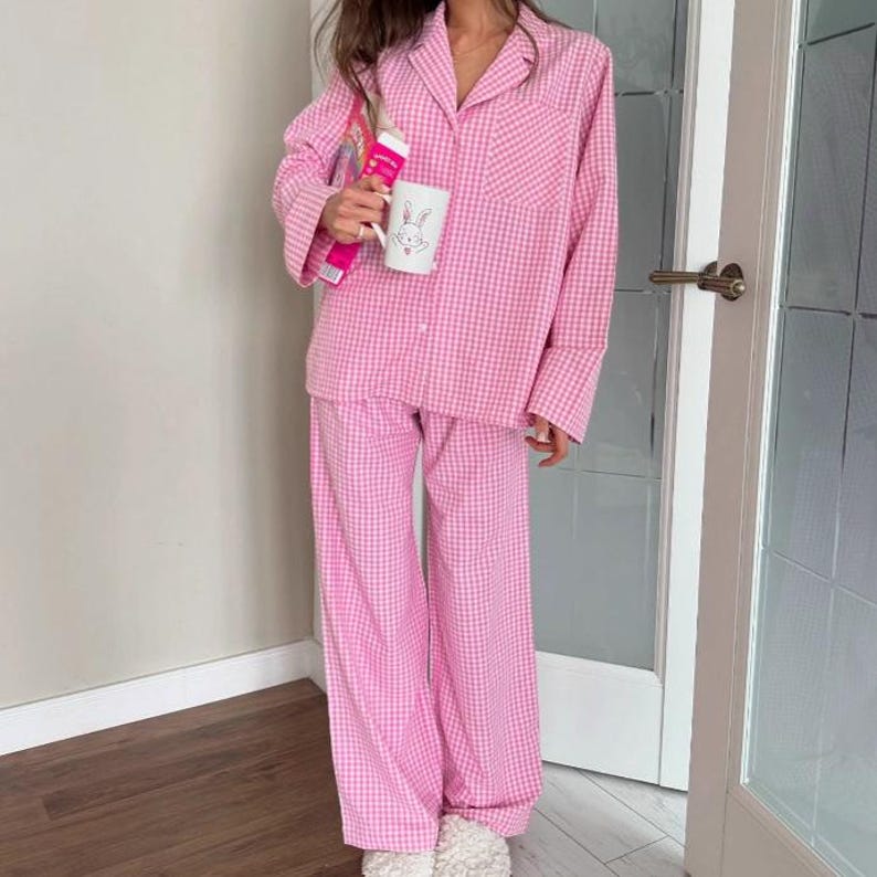 Pink Plaid Pajama Set: Cotton Blend Sleepwear, Family Loungewear Gift ...