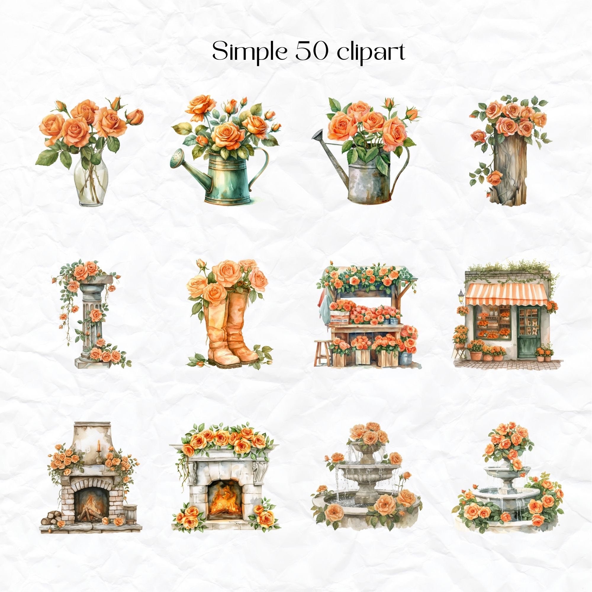 Watercolor Orange Rose Clipart Bundle , Elegant Floral Illustrations ...