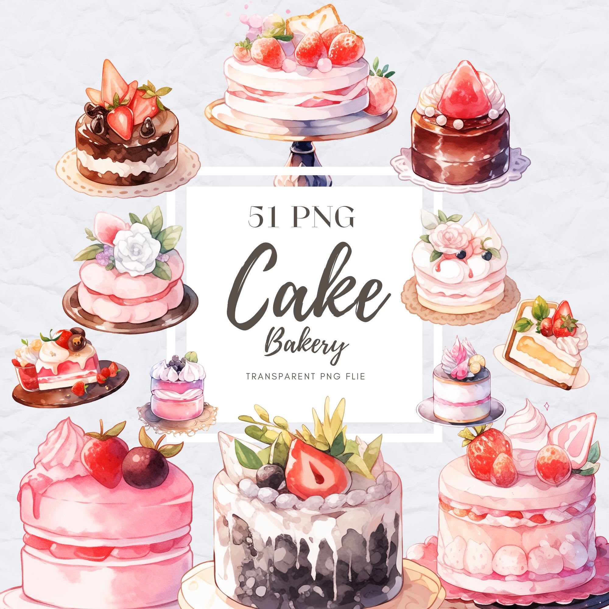 Watercolor Cake Clipart Bundle 51 PNG Files , Watercolor Bakery and ...