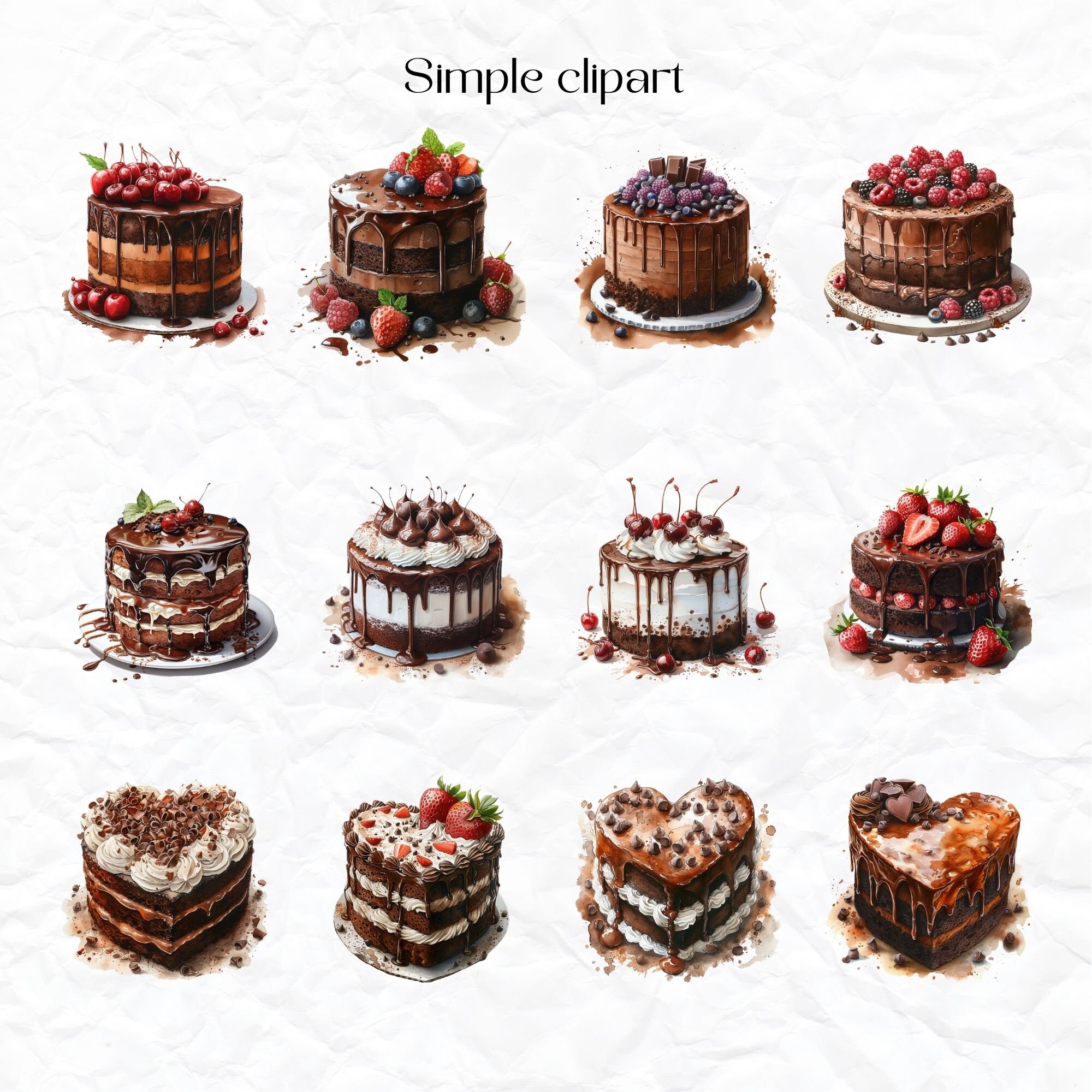 Watercolor Chocolate Cakes Clipart Bundle , 30PNG File , Bakery Illustrations for DIY Crafts ...