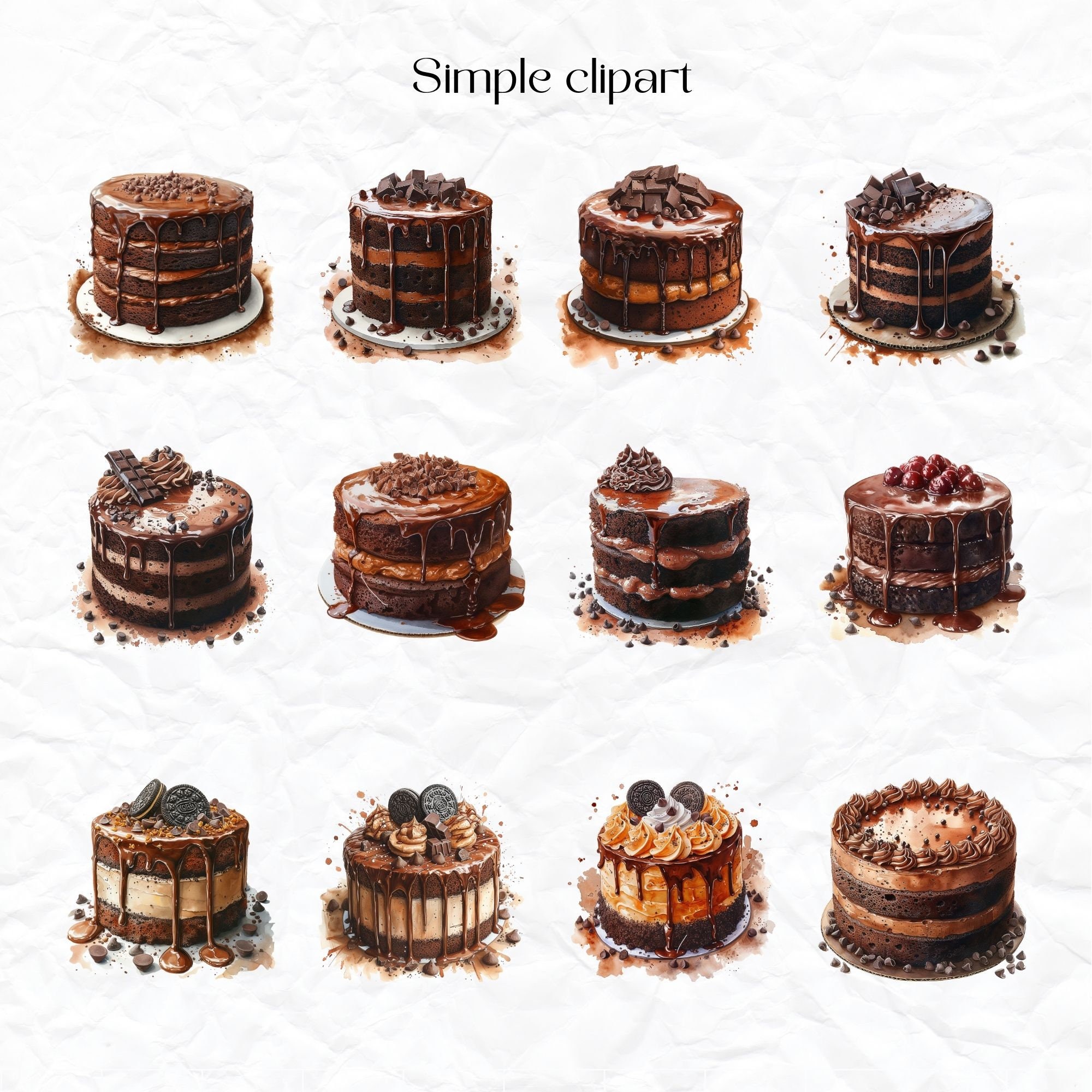 Watercolor Chocolate Cakes Clipart Bundle , 30PNG File , Bakery Illustrations for DIY Crafts ...