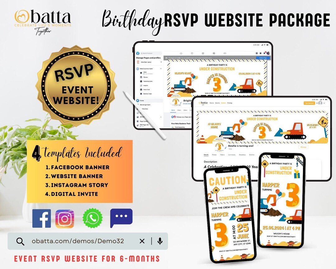 Editable Construction Birthday Invitations Event RSVP Website With ...