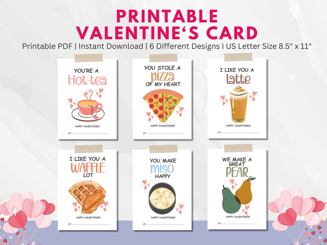 Printable Food Valentines Cards Set I Food Valentines Card I Classroom ...