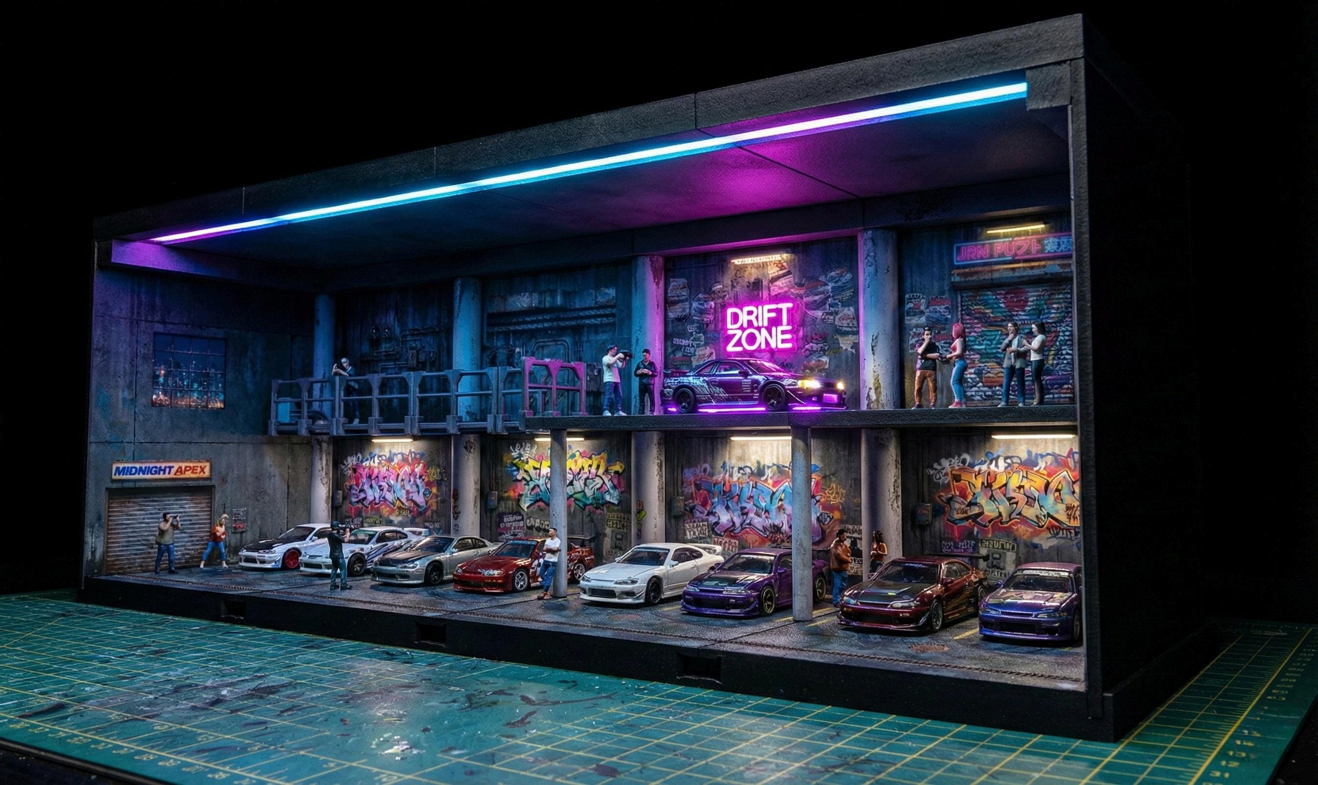 1/64 Scale JDM Drift Garage Diorama | Cyberpunk Underground Display ...