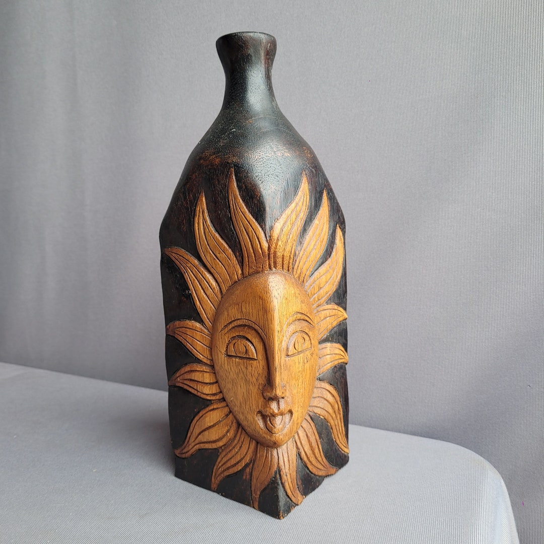 Vintage Sun Wooden Sun Vase, Sunshine Heavy Teak Vase Tall Boho, Carved ...