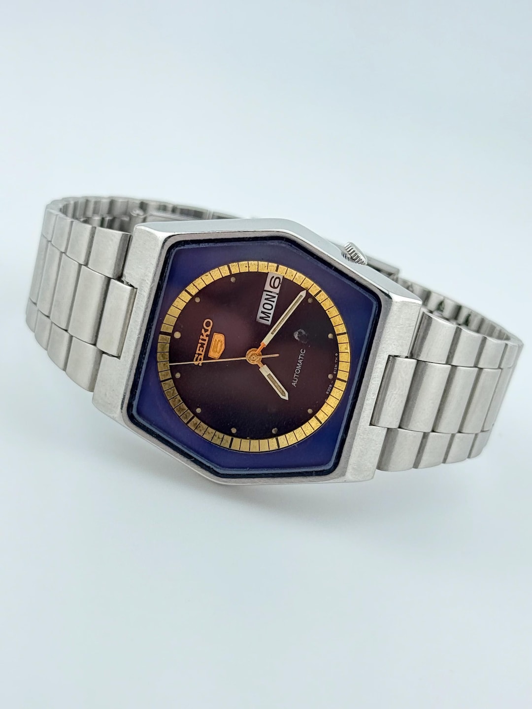 Vintage Seiko 5 Automatic Watch: Hexagon Black Dial Men’s Wristwatch ...