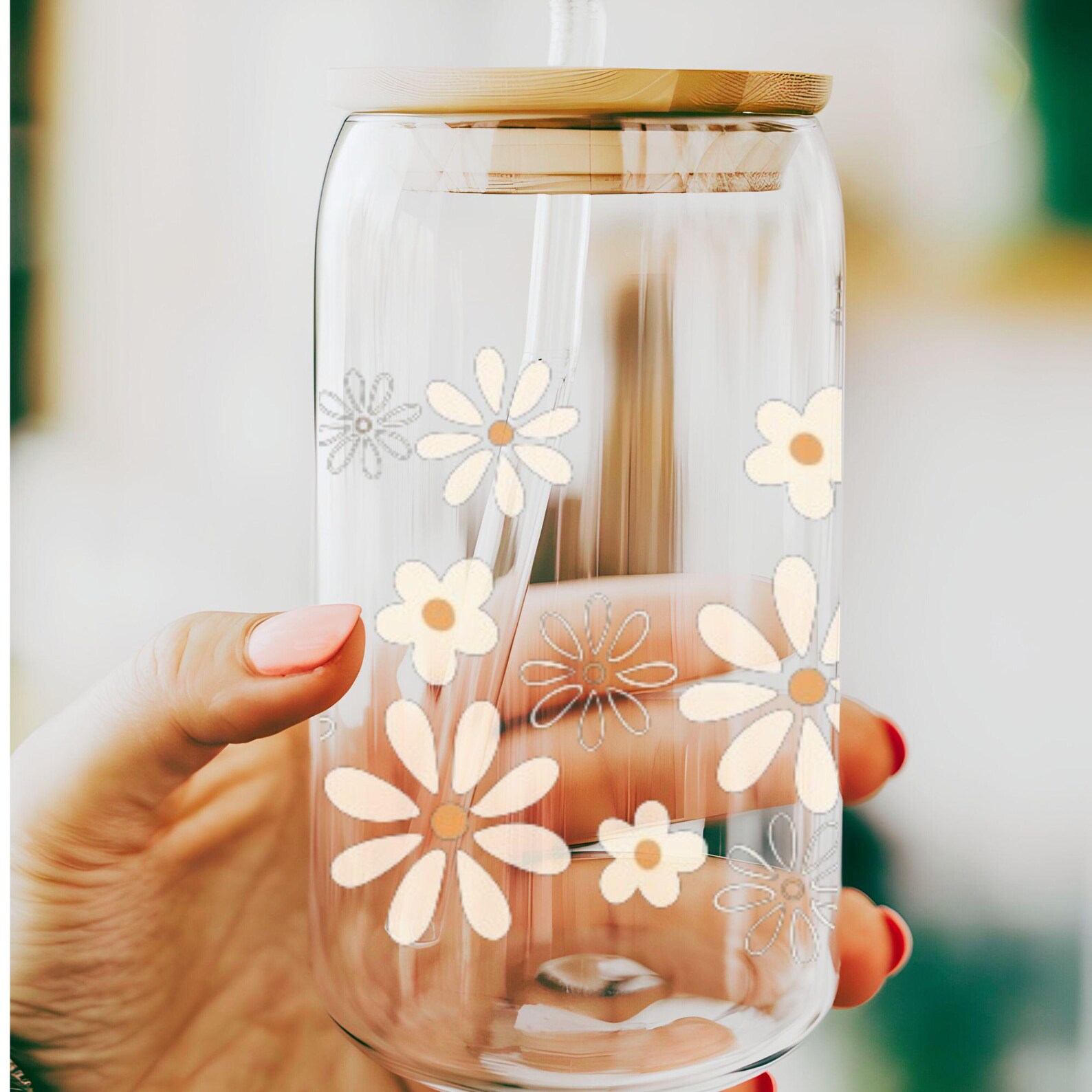 Personalized Name Glass Cup With Lid Straw, Daisy Iced Coffee Libby Cup ...