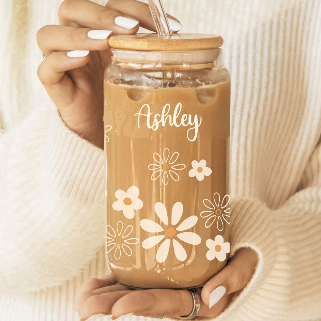 Personalized Name Glass Cup With Lid Straw, Daisy Iced Coffee Libby Cup ...