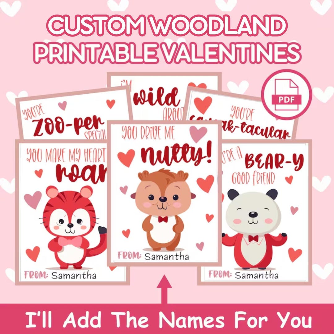 Custom Woodland Printable Class Valentine's Day Cards, Pink Valentine ...