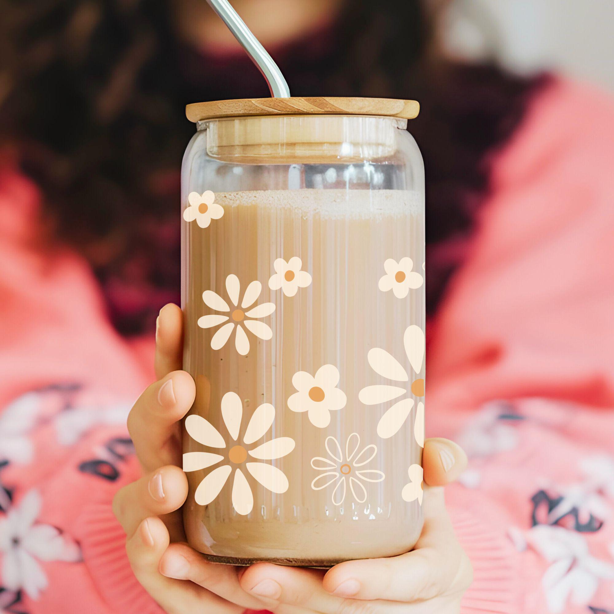 Personalized Name Glass Cup With Lid Straw, Daisy Iced Coffee Libby Cup ...