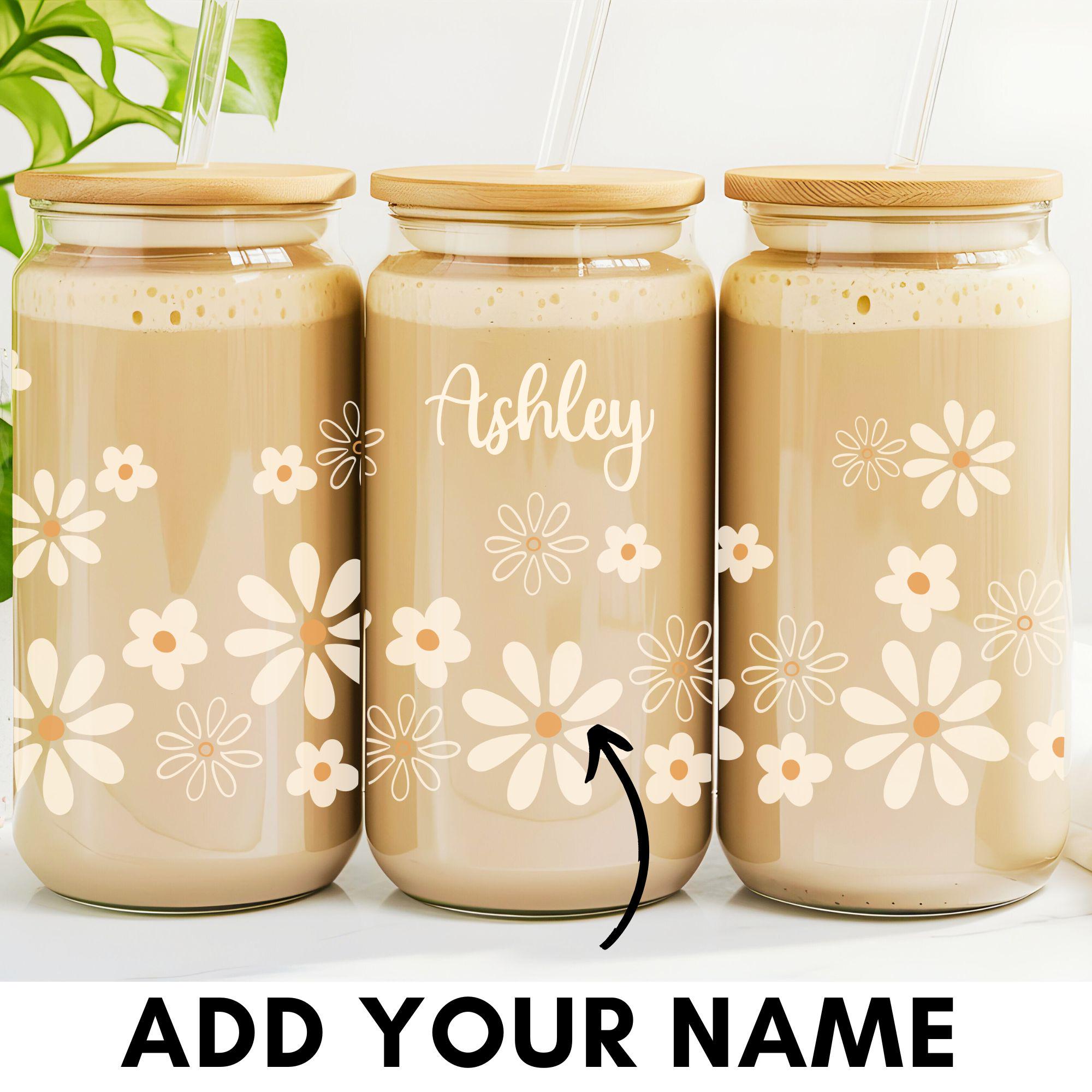 Personalized Name Glass Cup With Lid Straw, Daisy Iced Coffee Libby Cup ...