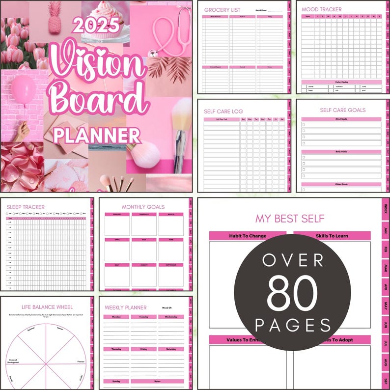 2025 Vision Board Planner, Printable Pink Planner, Cute Digital Vision ...