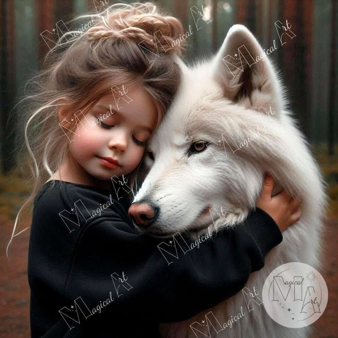 Digital Art, Little Girl Hugging a White Wolf, Wall Art, Instant ...