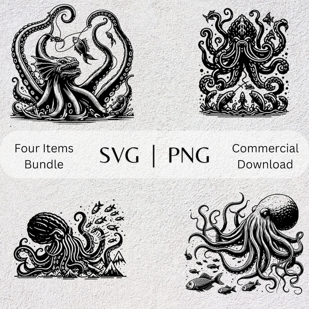 Hunting Kraken Ocean Mythical SVG Collection, PNG, Nature Clipart, Hand ...