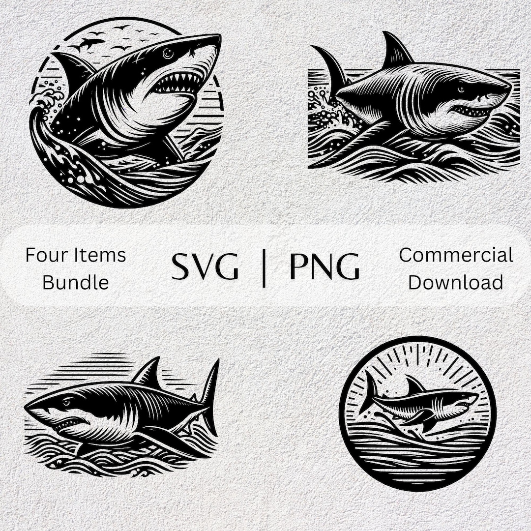 Shark SVG PNG Collection Ocean Hand Drawn Clipart Sea Themed Vector ...