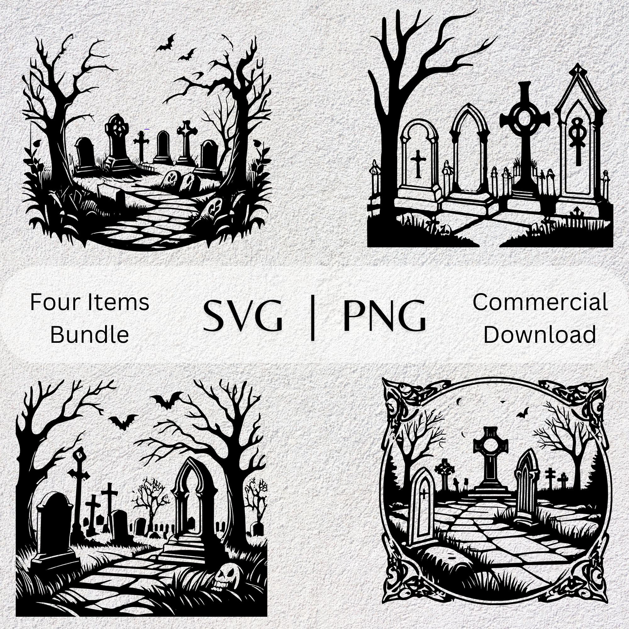 Graveyard SVG PNG Collection Gothic Hand Drawn Clipart Cemetery Themed ...
