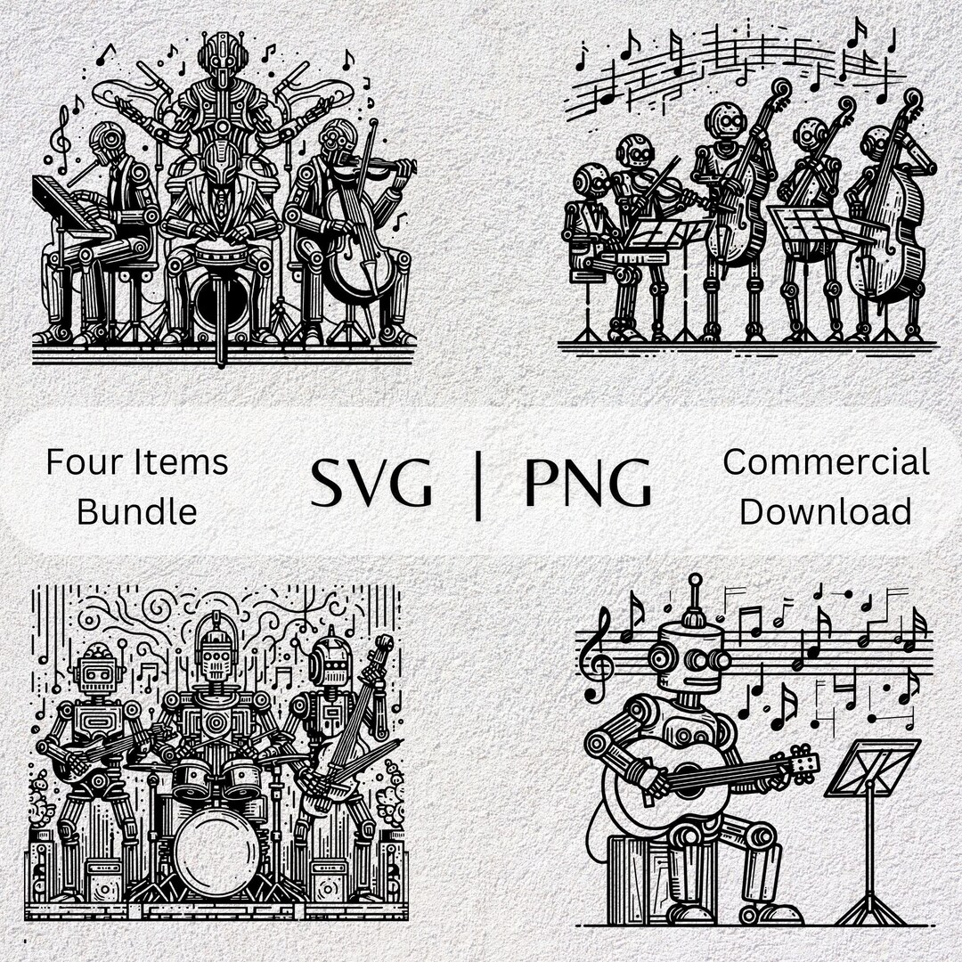Robot Concert SVG Collection, PNG, Music Clipart, Hand Drawn Futuristic ...