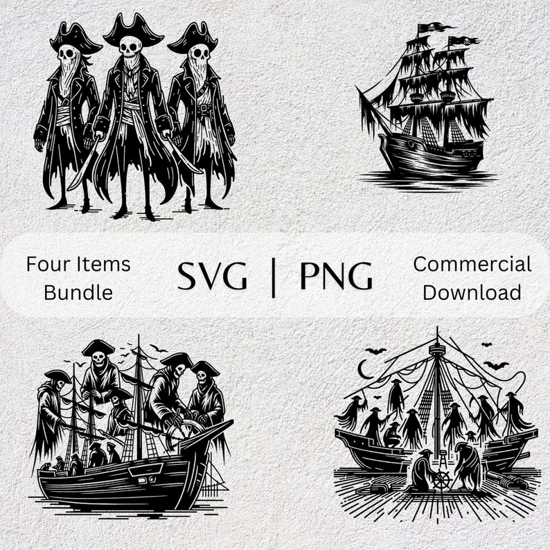 Hunted Ghost Pirates SVG Collection, PNG, Halloween Clipart, Hand Drawn ...