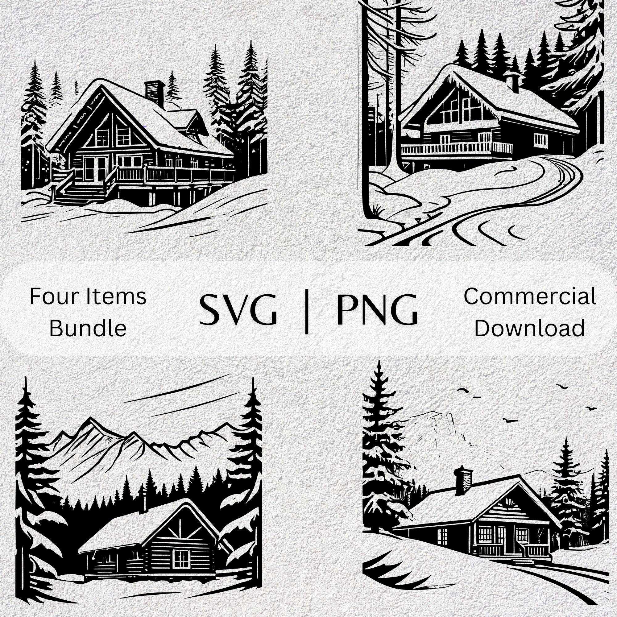 Snow Cabin SVG PNG Collection Scenic Hand Drawn Clipart Cozy Themed ...