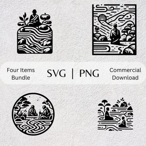 Zen Garden SVG Collection, PNG, Minimalist Clipart, Hand Drawn Monks ...