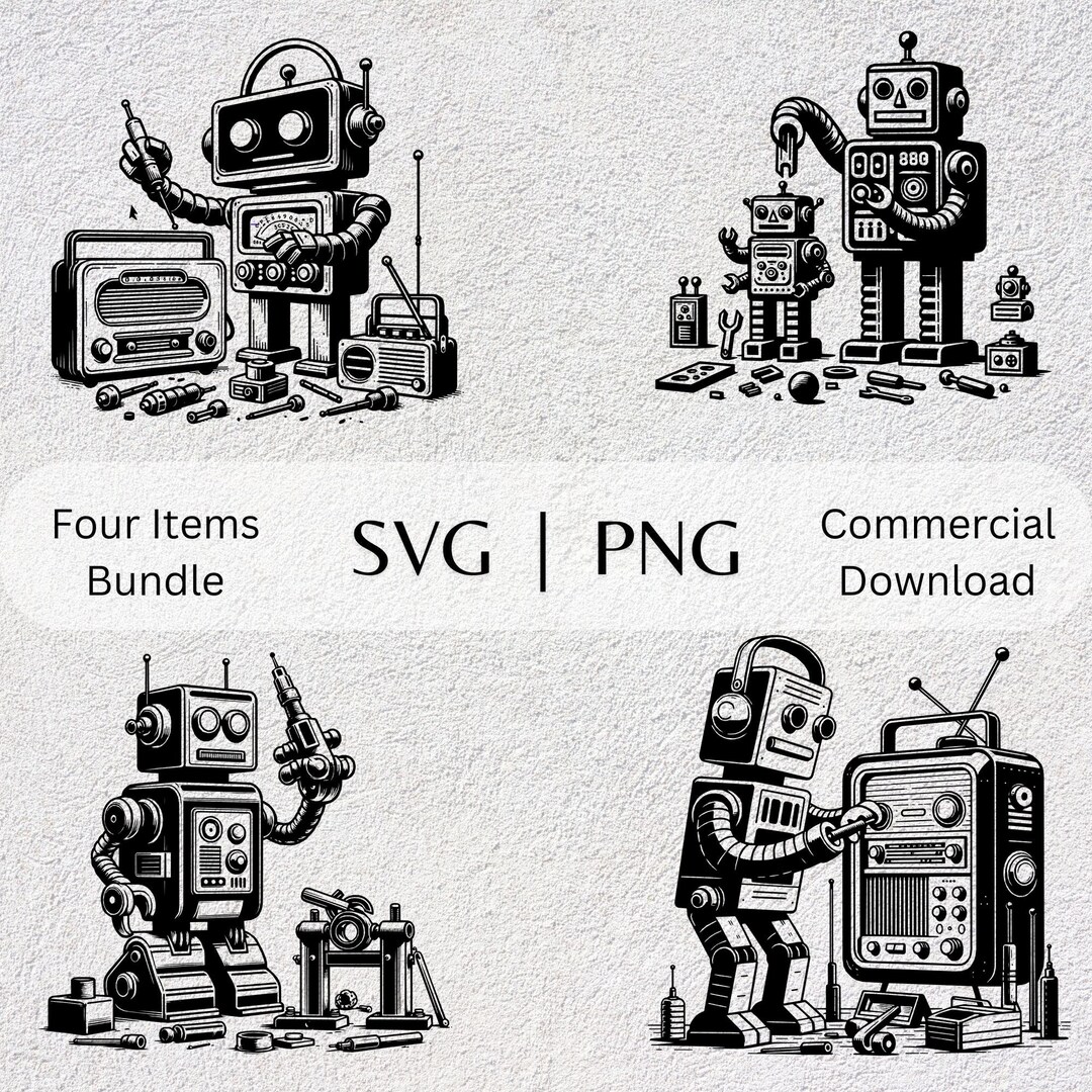 Robot Builder SVG Collection, PNG, Retro Clipart, Hand Drawn Simplicity ...