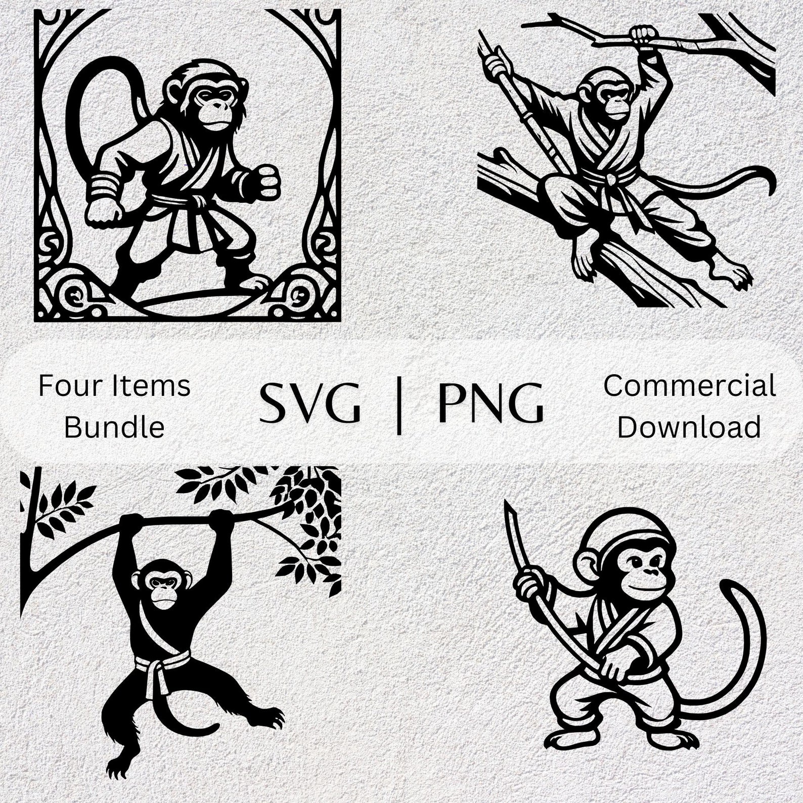 Ninja Monkey SVG PNG Collection Animal Hand Drawn Clipart Vector ...
