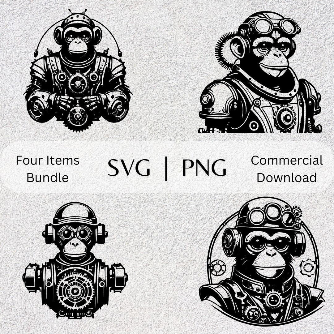 Cyborg Monkey SVG PNG Collection Ape Hand Drawn Clipart Robot Themed ...