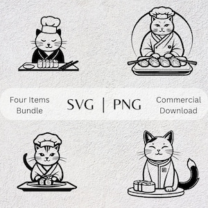 Cat Chef SVG PNG Collection Sushi Hand Drawn Clipart Pets Themed Vector ...