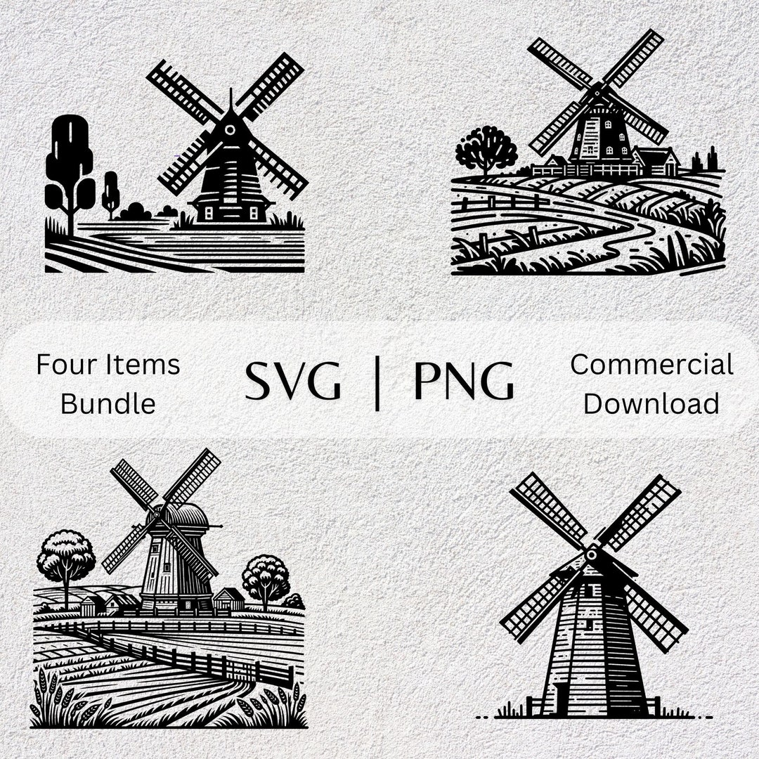 Windmill SVG Collection, PNG, Minimalist Clipart, Hand Drawn Monochrome ...