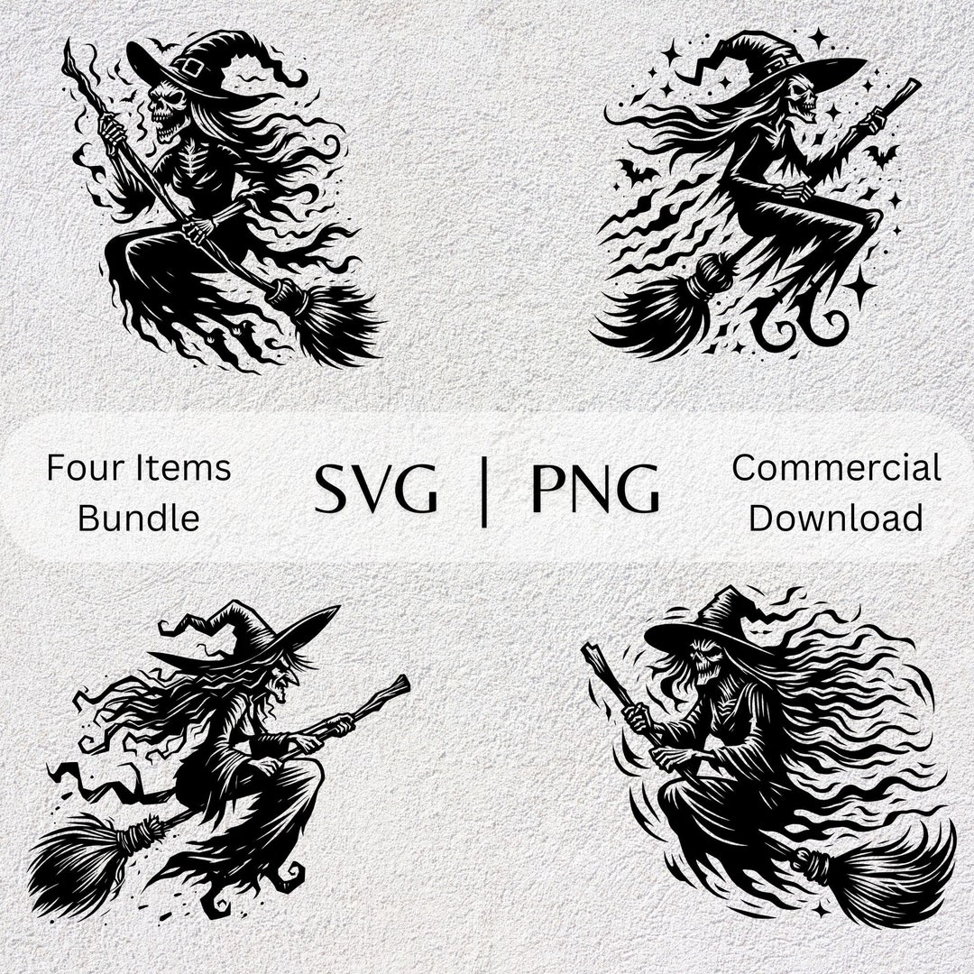 Flying Witch SVG PNG Collection Skeleton Hand Drawn Clipart Tattoo ...