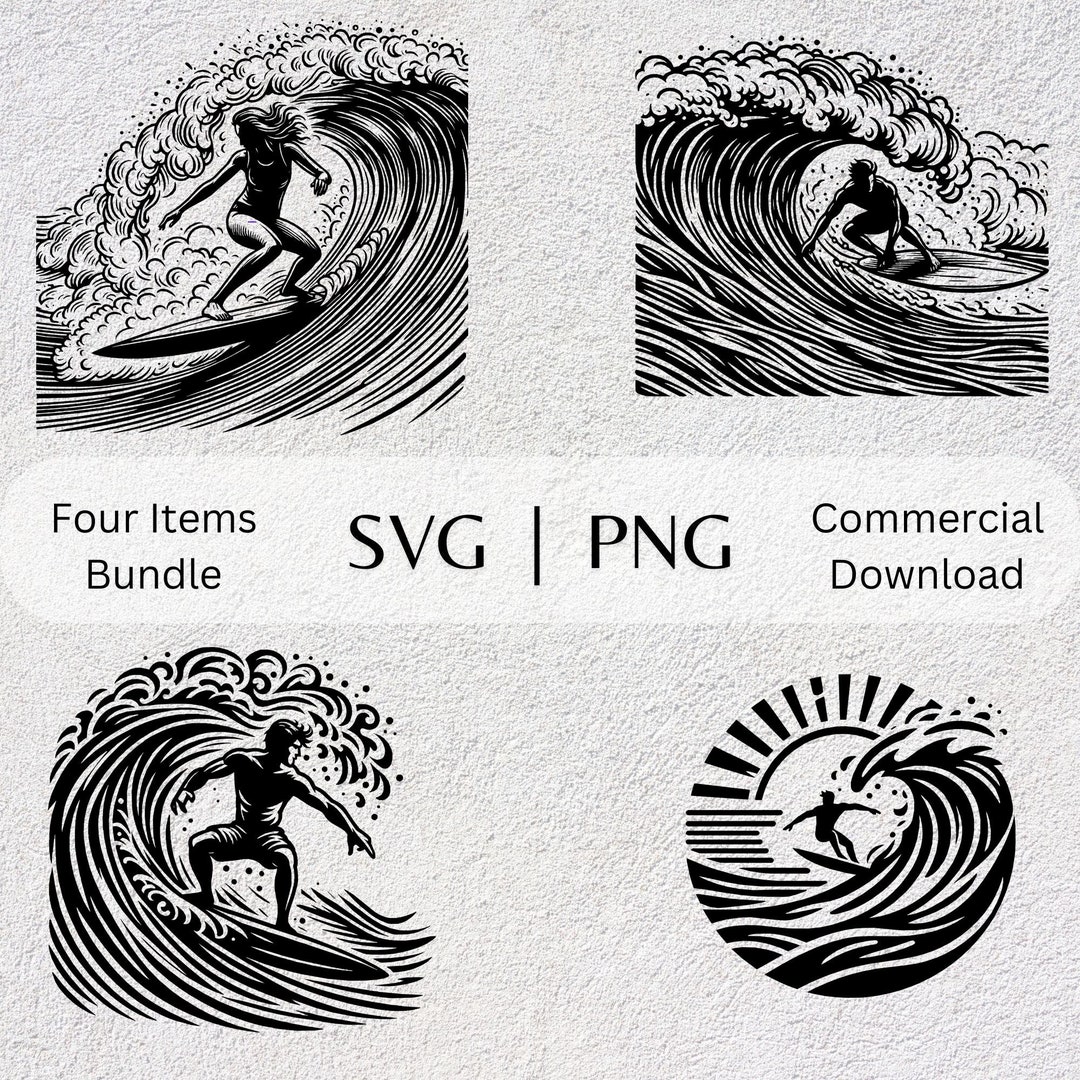 Wave Surfer SVG PNG Collection Beach Hand Drawn Clipart Sports Themed ...