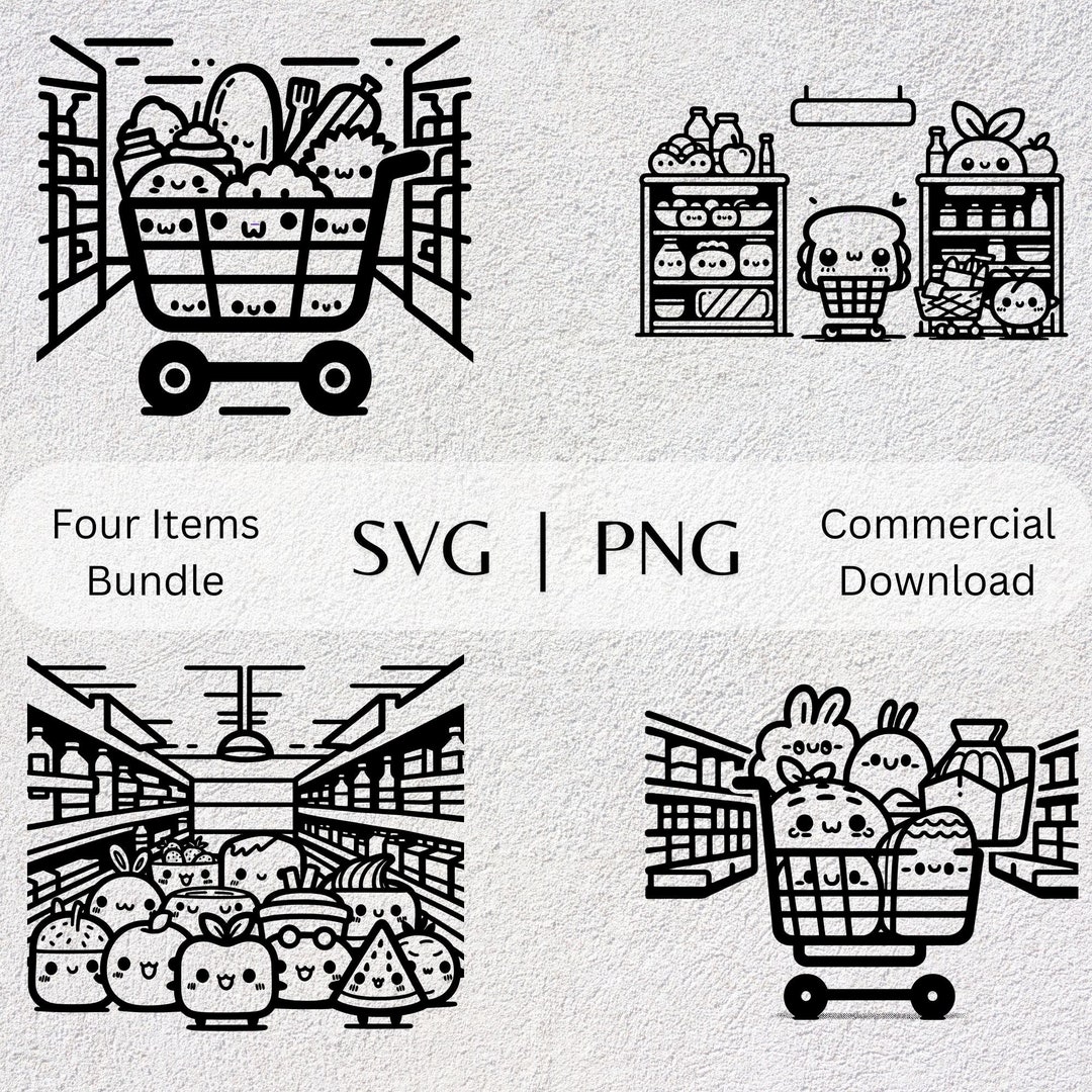 Cute Supermarket Items Art SVG Collection, PNG, Shop Clipart, Hand ...