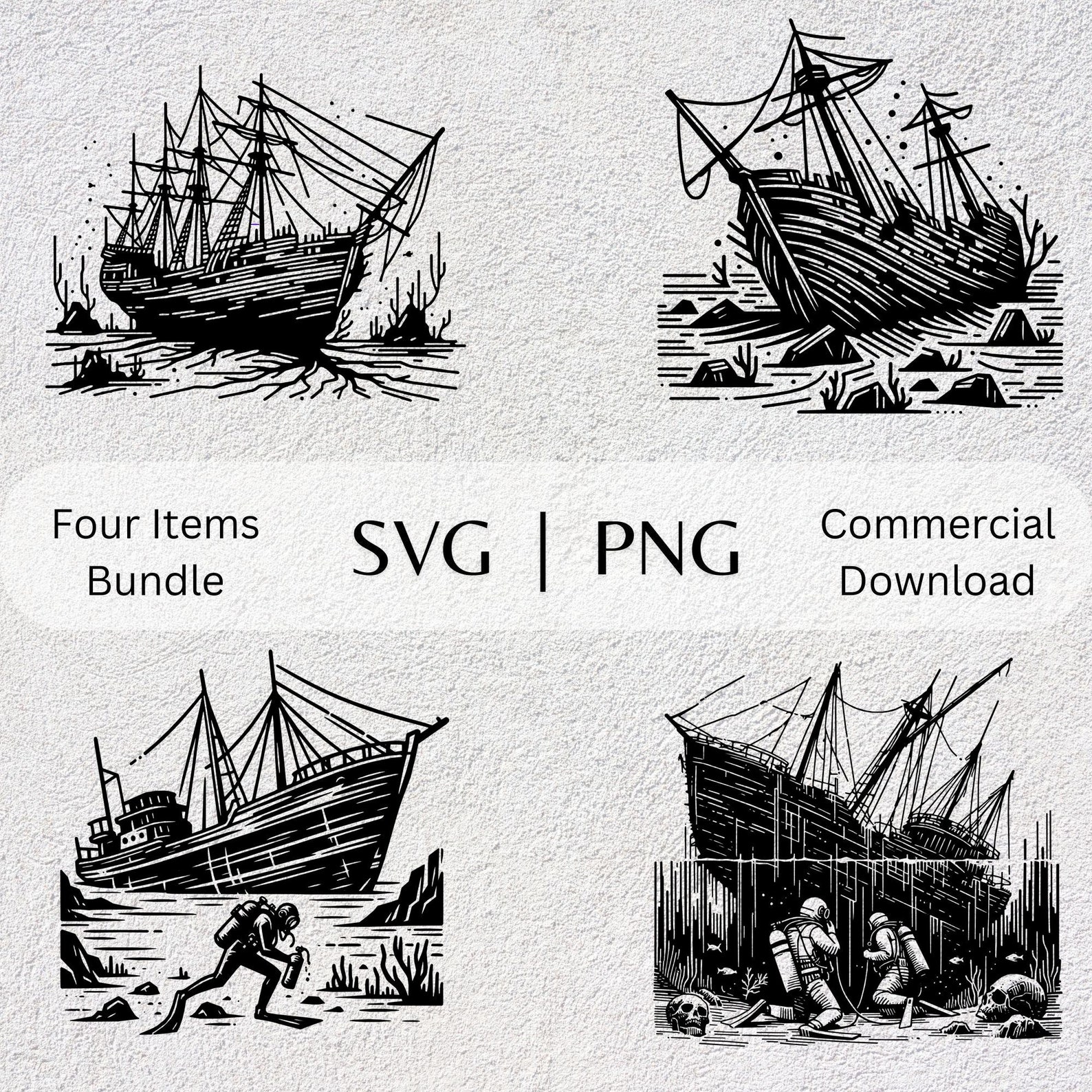 Shipwreck SVG Collection, PNG, Underwater Clipart, Hand Drawn ...