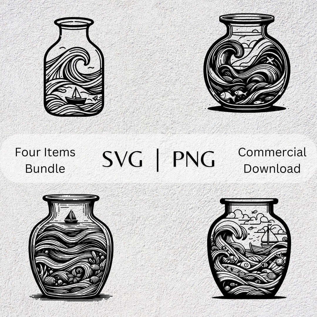 Ocean Waves SVG Collection, PNG, Marine Life Clipart, Hand Drawn Glass ...