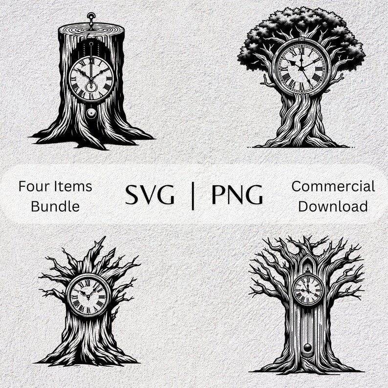 Ancient Tree Clock SVG Collection, PNG, Wooden Clipart, Hand Drawn ...
