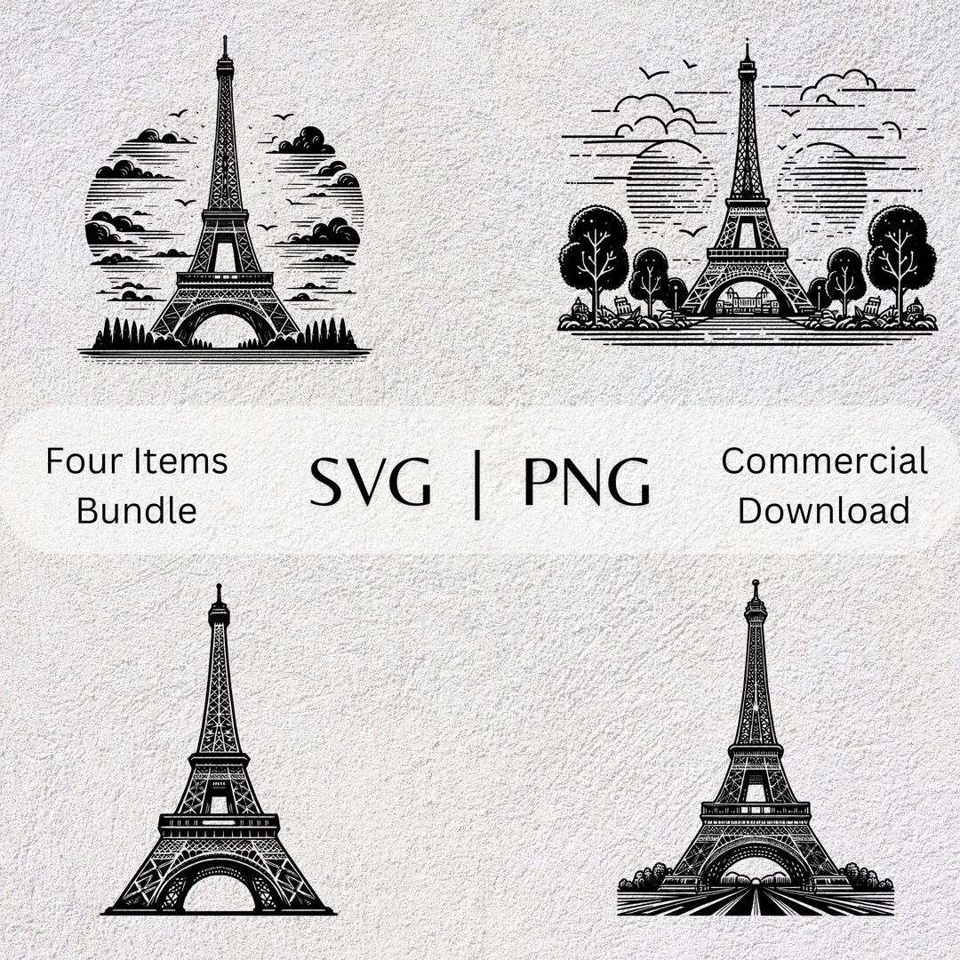 Eiffel Tower SVG PNG Collection Romance Hand Drawn Clipart Paris Themed ...