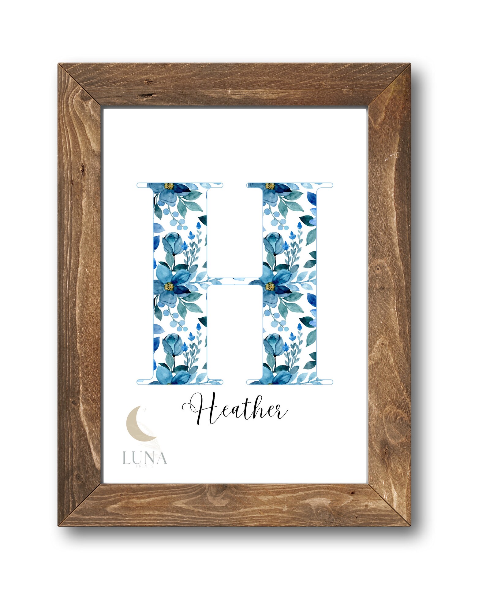 Custom Monogram Print Personalized Initial Baby Name Print Blue Flowers ...