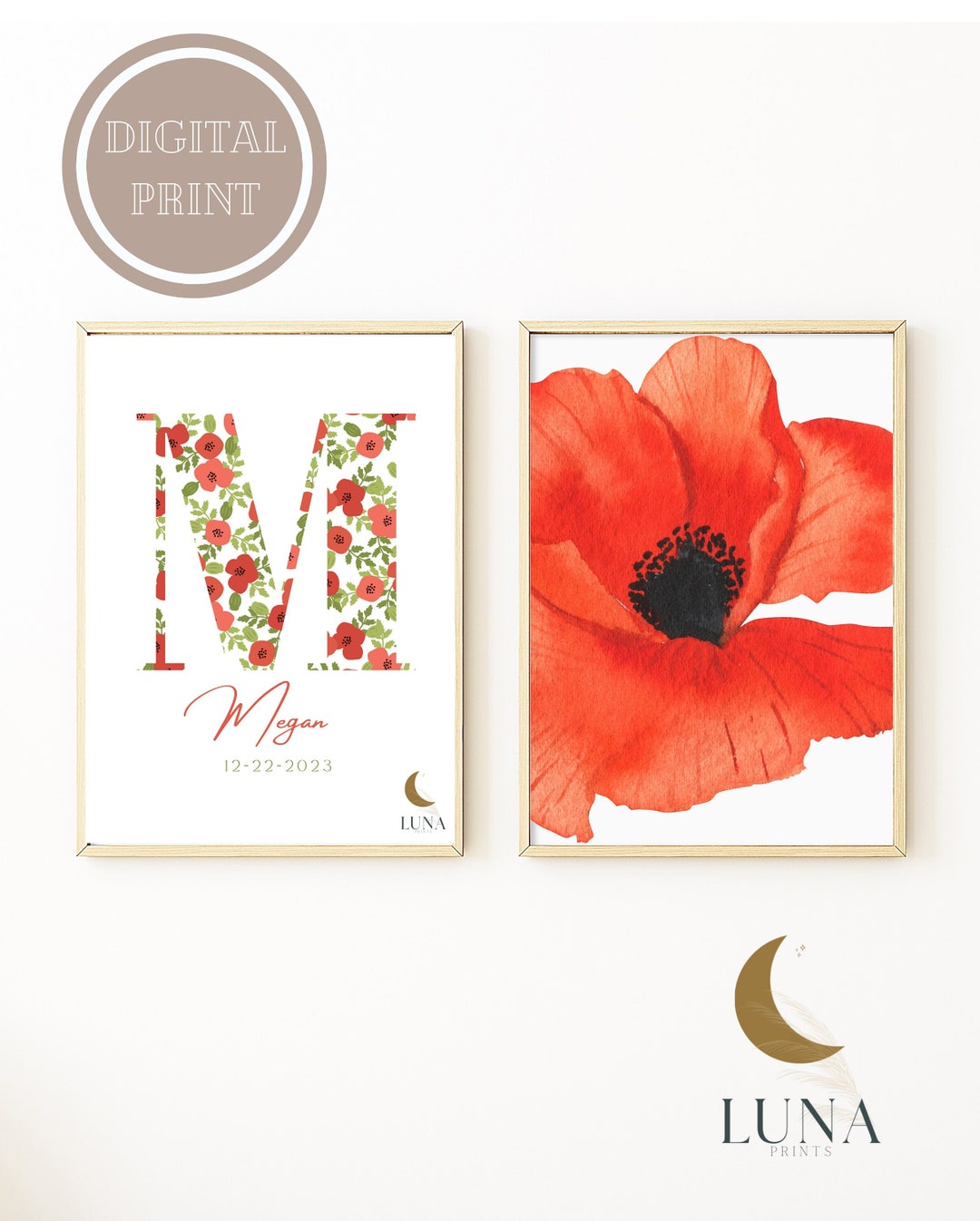 Custom Initial Name Prints Flower Poppy Minimal Nursery Printable ...