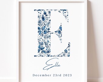 Custom Monogram Print Personalized Initial Baby Name Print Pink Flowers ...