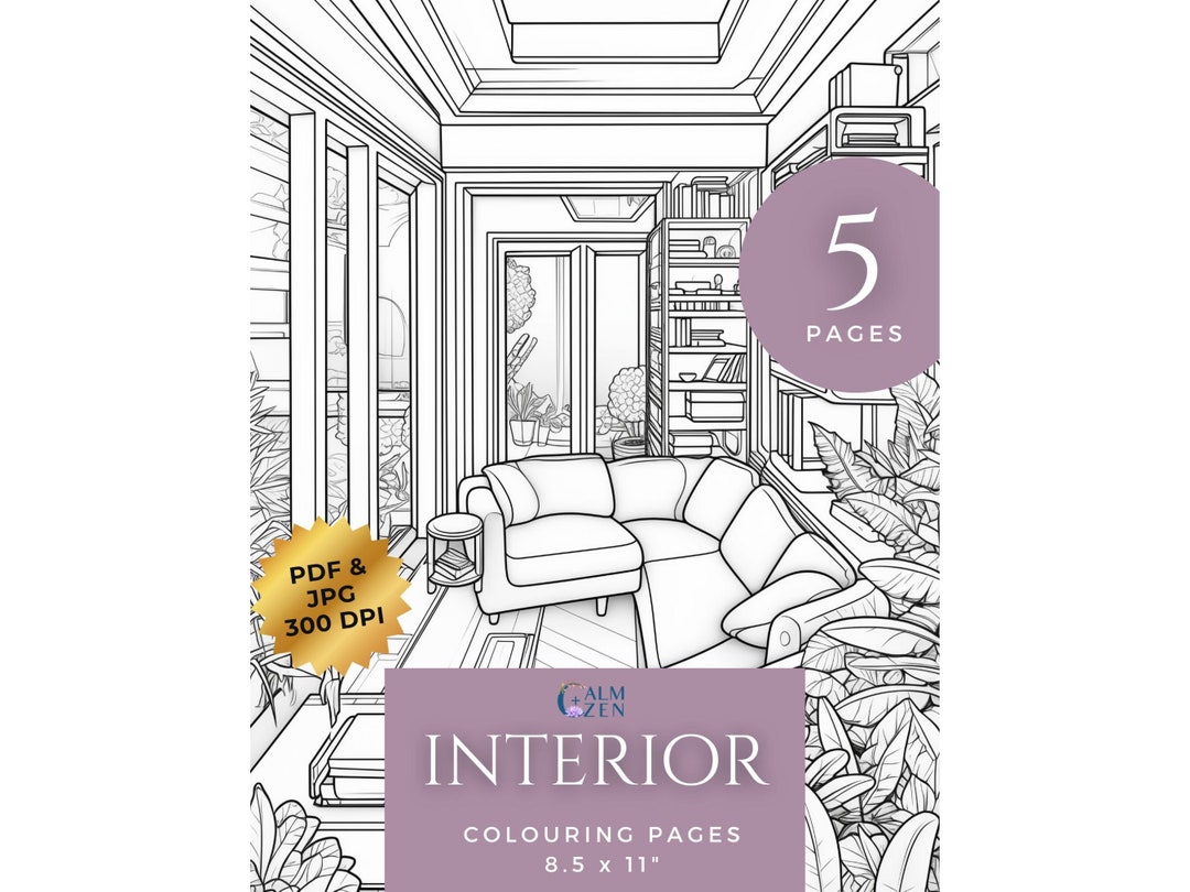 5 Interior Room Colouring Pages Adult Colouring Pages Interior Design ...