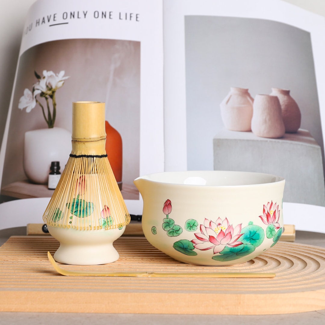 Hand-painted Lotus Ceramic Matcha Set With Bamboo Whisk and Chasen ...